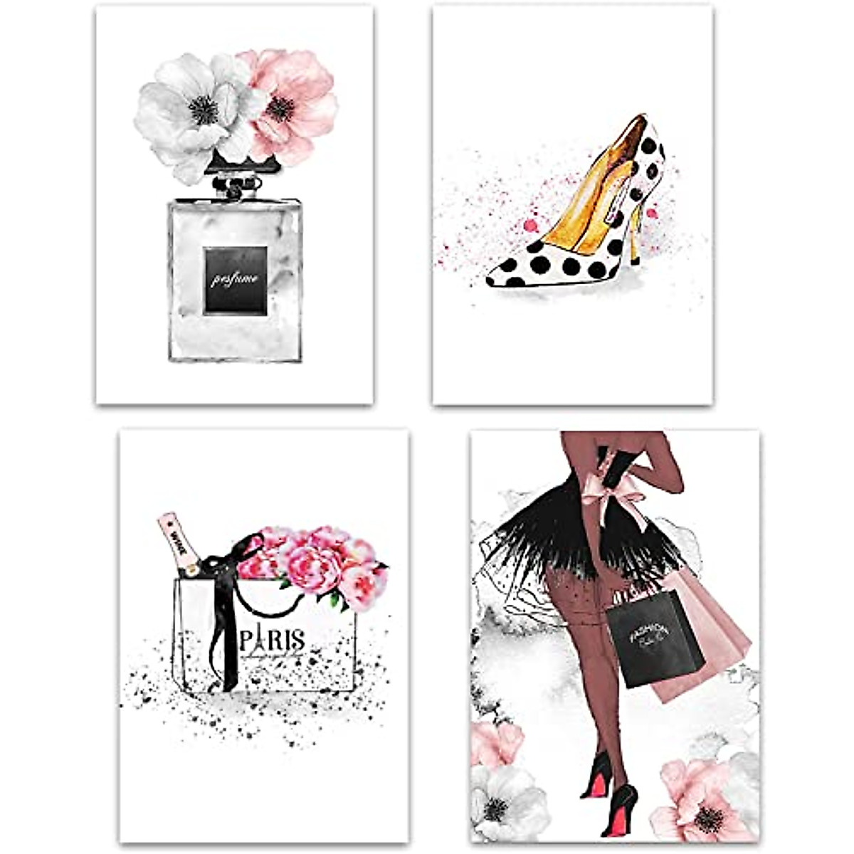 Lodintech Fashion Canvas Wall Art Girls Bedroom Wall Decor Pink Flower Perfume Unframed Art Prints Fashion Posters Living Room Women Office Decorations Makeup Brush High Heels Paintings,8x12'' 4PCS