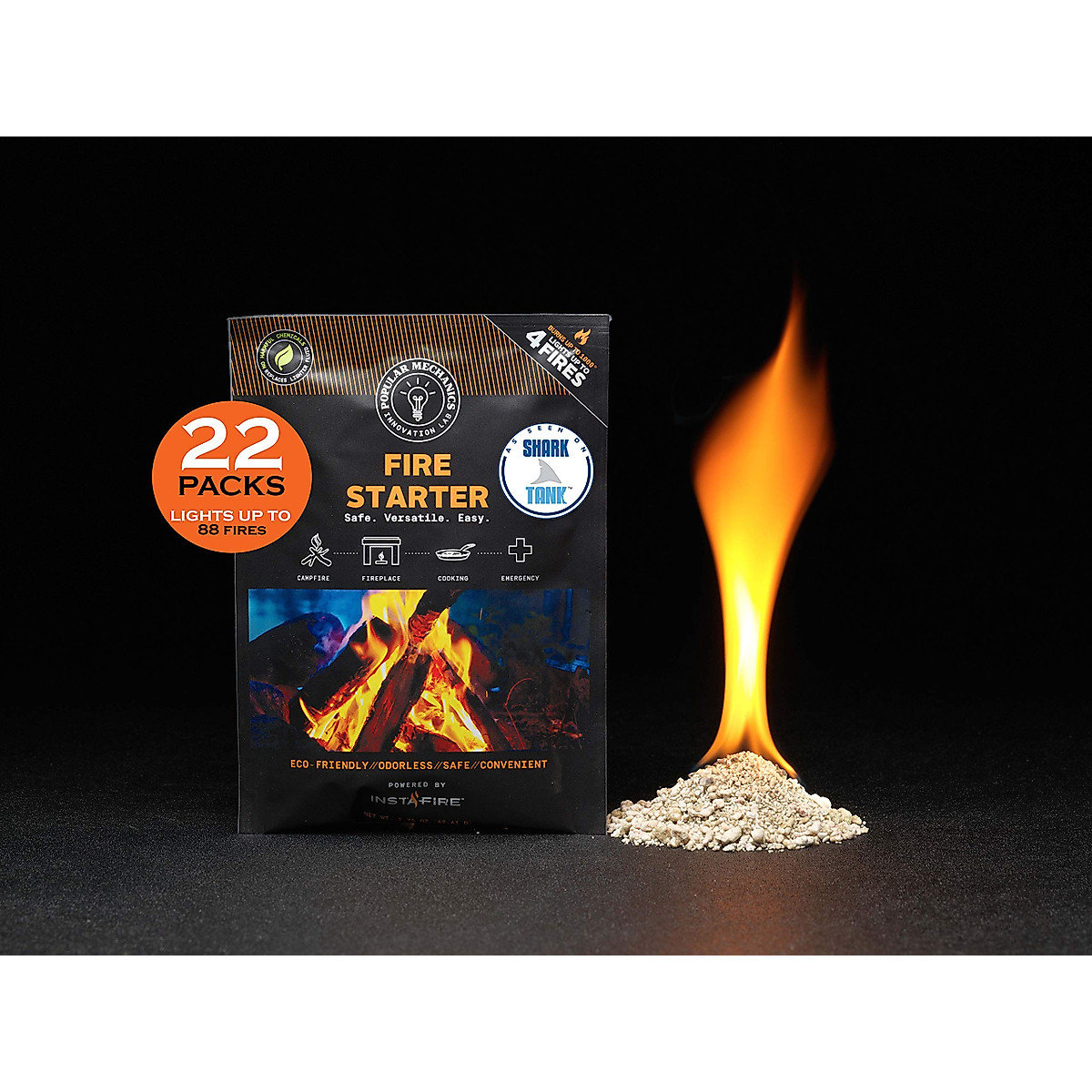 Insta-Fire Fire Starter (22 Packs) - Endorsed by Popular Mechanics - Camping, Emergencies, Hiking, Fishing, Boating, Fire Pits, Grilling, Survival, Food Storage, Boiling Water (as Seen on Shark Tank!)