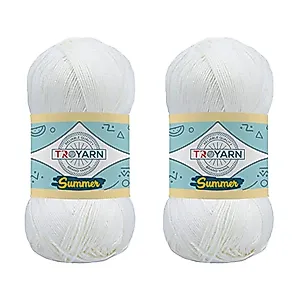 Troyarn Summer (2- Skeins Pack) Silk Effect Hand Knitting Yarn Crochet Art Lace Craft 100% Microfiber Acrylic 2x100 gr (2x383 yds) (1051055 - Sugar White)