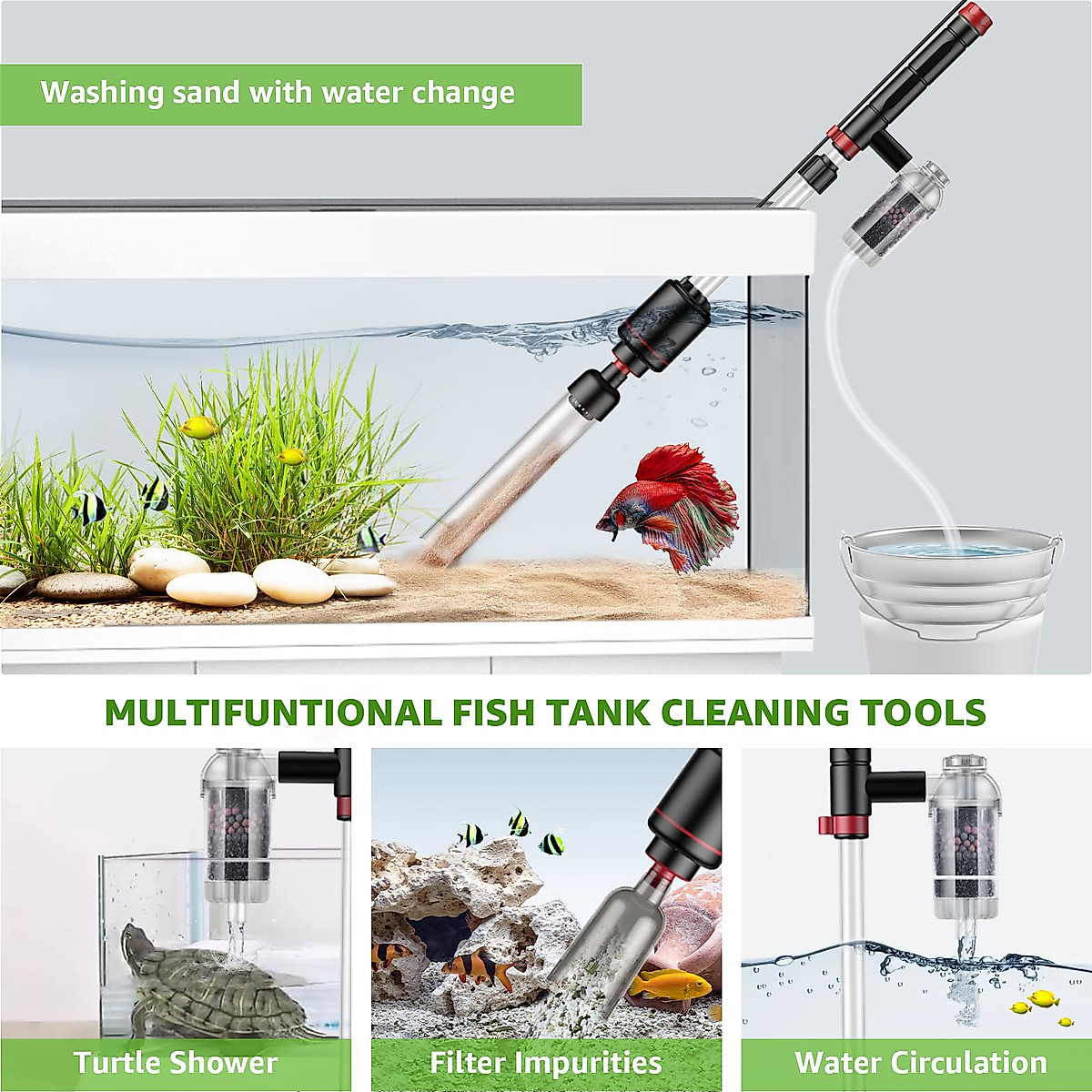 Suness Electric Aquarium Vacuum Gravel Cleaner: 24W Automatic Fish Tank Gravel Cleaner Vacuum with Strong Suction for Water Change Wash Sand Water Shower and Water Circulation, Timed Off