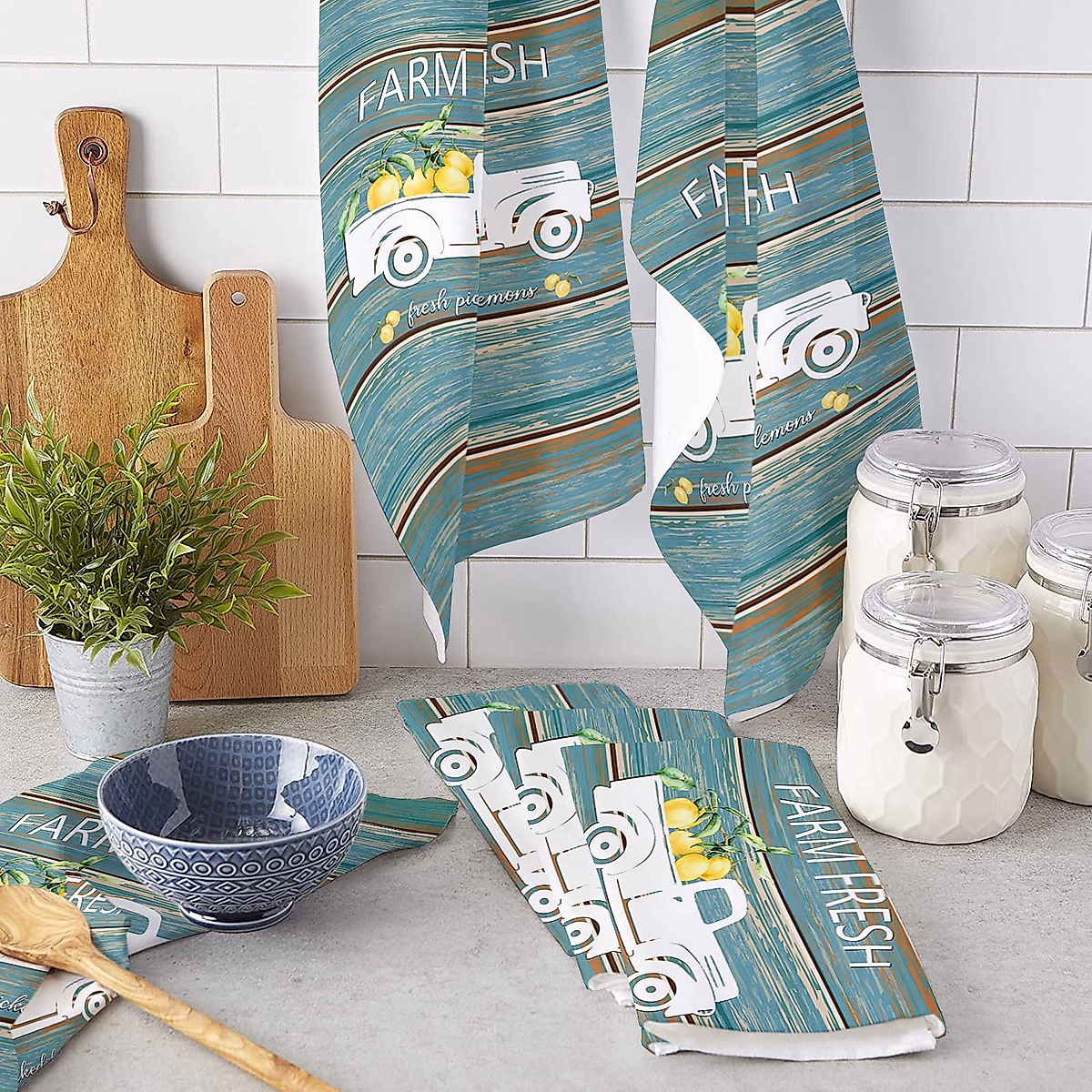 Kitchen Towels,Microfiber Cleaning Cloths, Farm Fresh Lemon Rustic Old Barn Wood Teal Soft Dish Towels for Kitchen, Pack of 4 Absorbent Reusable Dish Towels,Tea Towels,Bar Towels,18x28 Inch