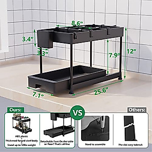 R RUISHENG Mothers Day Gifts Under Sink Organizer, 2 Tier Bathroom Storage Shelf with Hooks for Kitchen, Under Sliding Cabinet Organisation Basket, Multi-Purpose Cleaning Supplies Holder