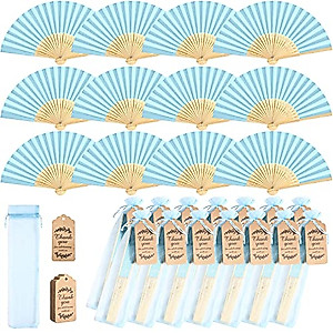 Roowest 50 Pack Handmade Paper Folding Fans with Gift Bags Thank You Card, Bamboo Handheld Folded Fan for Home DIY Office Decor Wedding Party Baby Shower Party Gift Accessories (Blue)