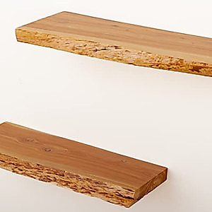 Rustic Wood Floating Shelves, Live Edge Wooden Shelf for Farmhouse Wall Decor, Set of 2 Shelves Made from American Wood, Hand Finished and Sealed (Cedar, 24 inches Long)