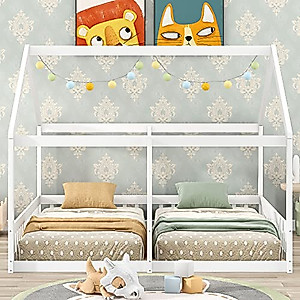 LostCat Wooden Kids Double Bed Frame, Two Shared Beds with Roof, 2 Twin Size House Platform Beds, House Platform Beds with Fence, Montessori Bed for Two Kids Teens Boys Girls, White