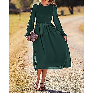 dowerme Women Casual Petal Long Sleeve Crewneck Smocked A-Line Flowy Solid Maxi Dress Fall Winter Party Cocktail Dresses(Solid Dark Green,Small)