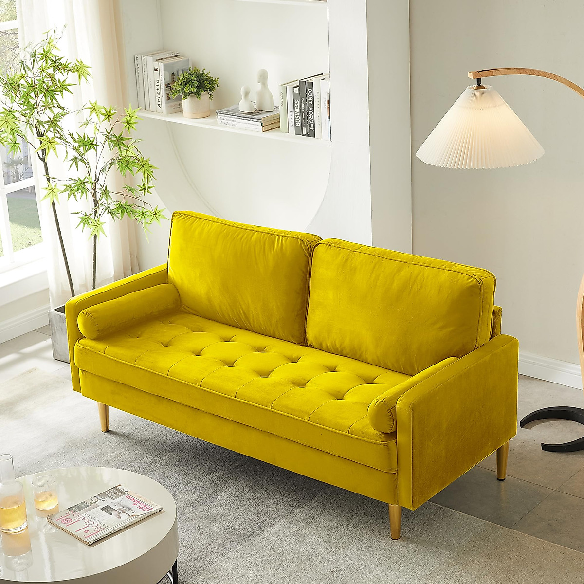 PEIHONGET 67" Mid Century Modern Loveseat Sofa, 2-Seater Velvet Tufted Love Seat Couch with Bolster Pillows, Golden Frosted Legs for Small Space, Living Room, Apartment, Bedroom (Yellow)