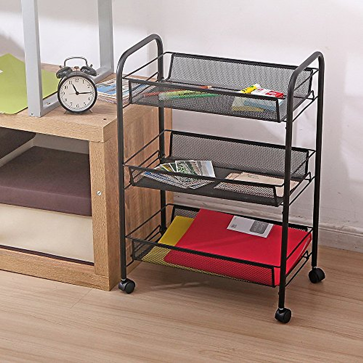 Karl home 3 Tier Storage Cart, Rolling Shelving Unit with Hooks, Trolley Craft cart, for Kitchen Bathroom Office Living Room, Black(17.32" L x 10.24" W x 24.41" H)