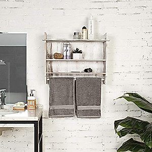 MyGift Wall Mounted Whitewashed Wood Bathroom Shelf Organizer Storage Rack with 3 Tier Shelving and 23 Inch Hand Towel Bar