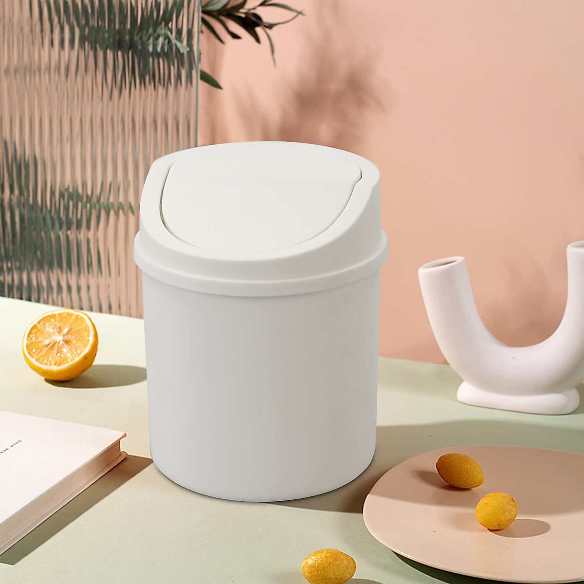 Lesbin 0.5 Gallon Plastic Tiny Trash Can with Swing Lid, Mini Desktop Waste Can, White