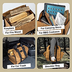 TINY SPARK Large Firewood Tote Log Carrier 2-Way to Carry Waxed Canvas Firewood Carrying Bag Indoor Fire Pit Fireplace Wood Log Case for Outdoor Camping (Khaki)