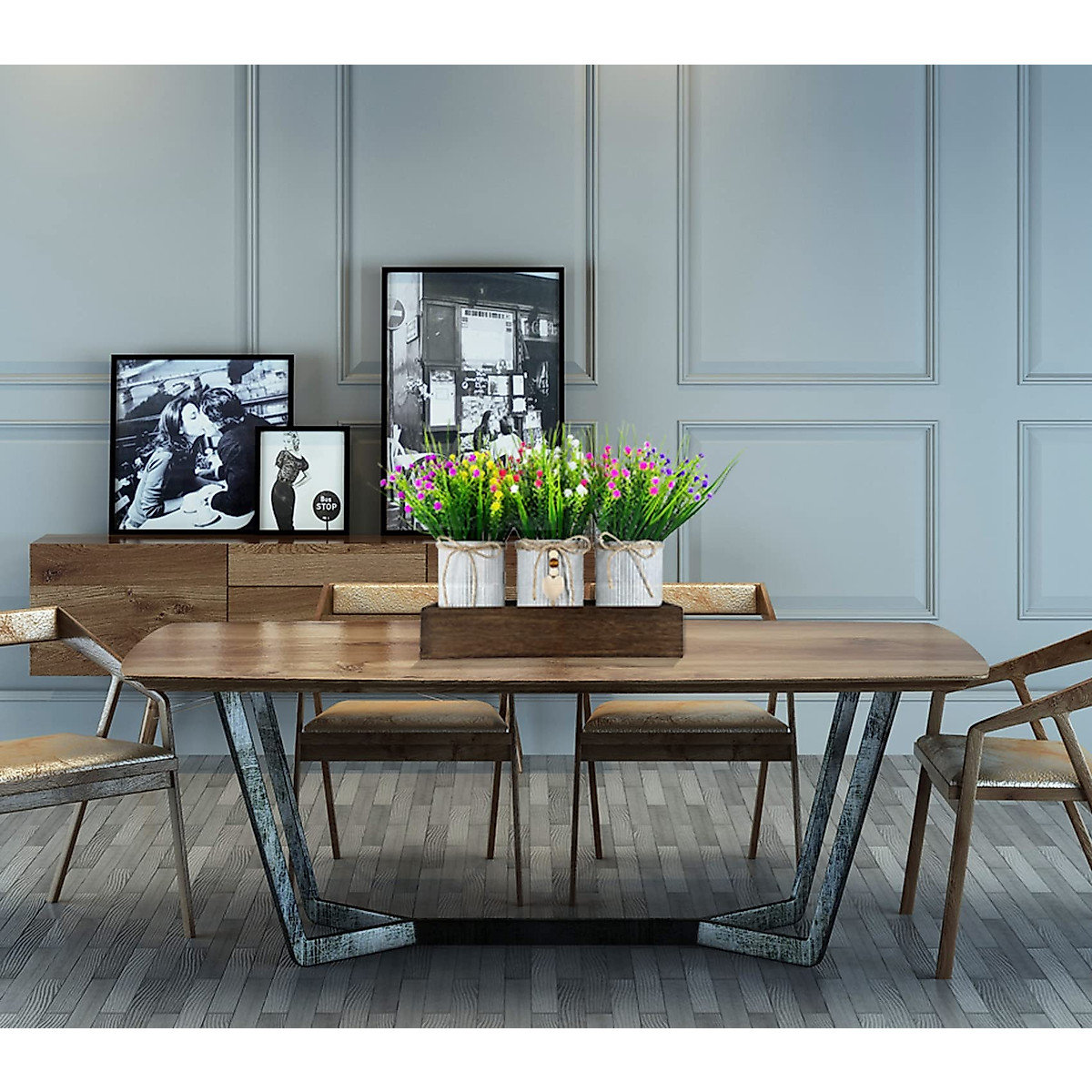 CALAVAK Decorative Centerpiece Wooden Tray with 3 Metal Potted Artificial Babys Breath Gypsophila Plant Flowers Rustic Country Farmhouse Décor for Dining Room, Living Room and Kitchen Table