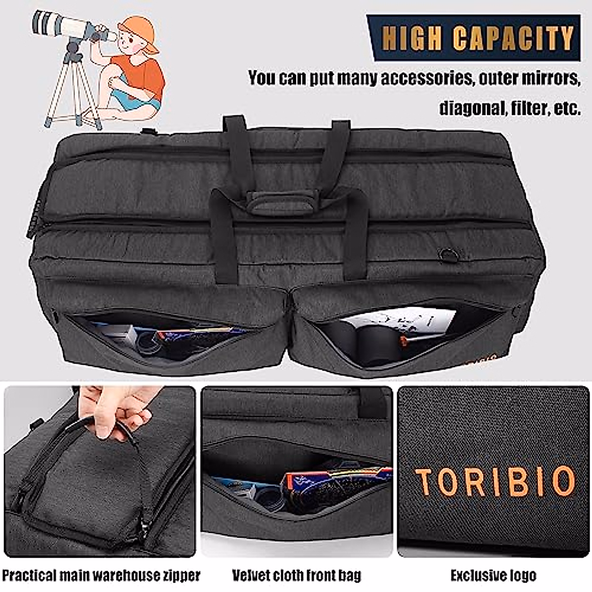 TORIBIO Telescope Case Bag, 35" Padded Storage Bag and Telescope Carrying Case for Telescope, Telescope Travel Bag with Pockets & Buckled Straps to Easily Secure Optical Tube & Tripod