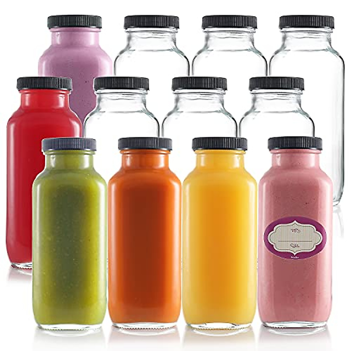 DilaBee Glass Juice Bottles with Lids [12 Pack] Bulk Glass Water Bottles with Caps for Juicing, Smoothie, Milk, and Kombucha - Homemade Drinking Glass Bottles for juicing - 16 Oz