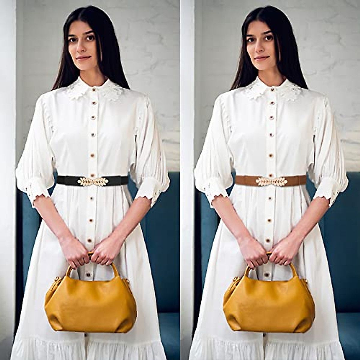 AWAYTR Skinny Belts for Women Dresses - Retro Olive leaves Buckle Stretchy Elastic Belts for Jeans(Black+ Brown,Suitable Waist 25-32in)