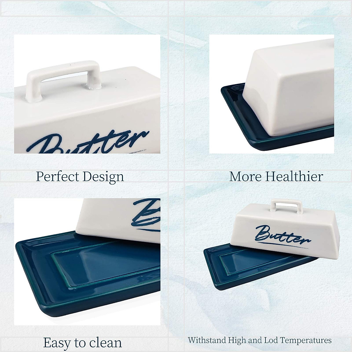 Butter Dish, Ceramic Butter Dish with lid Butter dish with Tray and Deluxe Butter Keeper Polished Ceramic Butter Holder (DM)