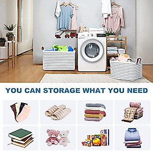 Large Storage Basket organizer Fabric Storage Bin for shelf Closet Organizer Bin Collapsible Storage Box with PU Leather Handles and Drawstring Closure (Waterproof Lining, Grey Stripe)