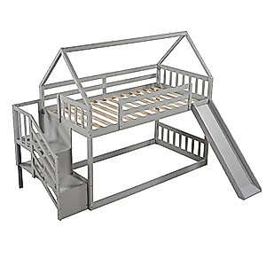 Harper & Bright Designs Low House Bunk Bed with Slide, Wood Twin Over Twin Floor Bunk Bed Frame with Storage Shelves, Roof, Full-Length Guardrail for Toddler, Kids, Boys or Girls, Grey