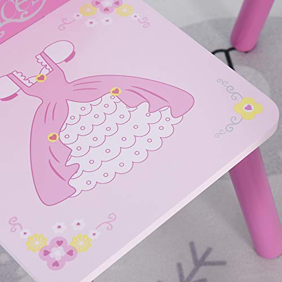 Qaba 3-Piece Kids Wooden Table and Chair Set with Crown Pattern Gift for Girls Toddlers Arts Reading Writing Age 2-4 Years Pink