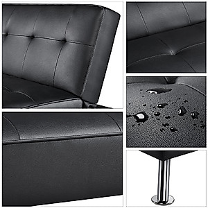 Topeakmart Tufted Faux Leather Sofa Couch Foldable Sofa Sleeper Bed Black Guest Couch Bed Converts to Recliner and Bed