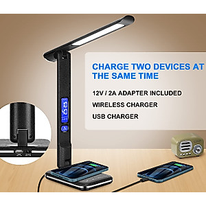 LED Desk Lamp with Wireless Charger, Foldable Touch Console Light, Date,Calendar,Temperature,Clock Display Function, 5-Level Dimmable Lighting, Suitable for Home Office, Reading, Work,study (Black)