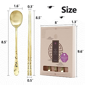 BALWOO [2 Sets] [Made in Korea] Crane Painting Design Korean Table Sticky Rice Spoon and Chopsticks 304 Stainless Steel Gold Titanium Plated Mukbang Cutlery