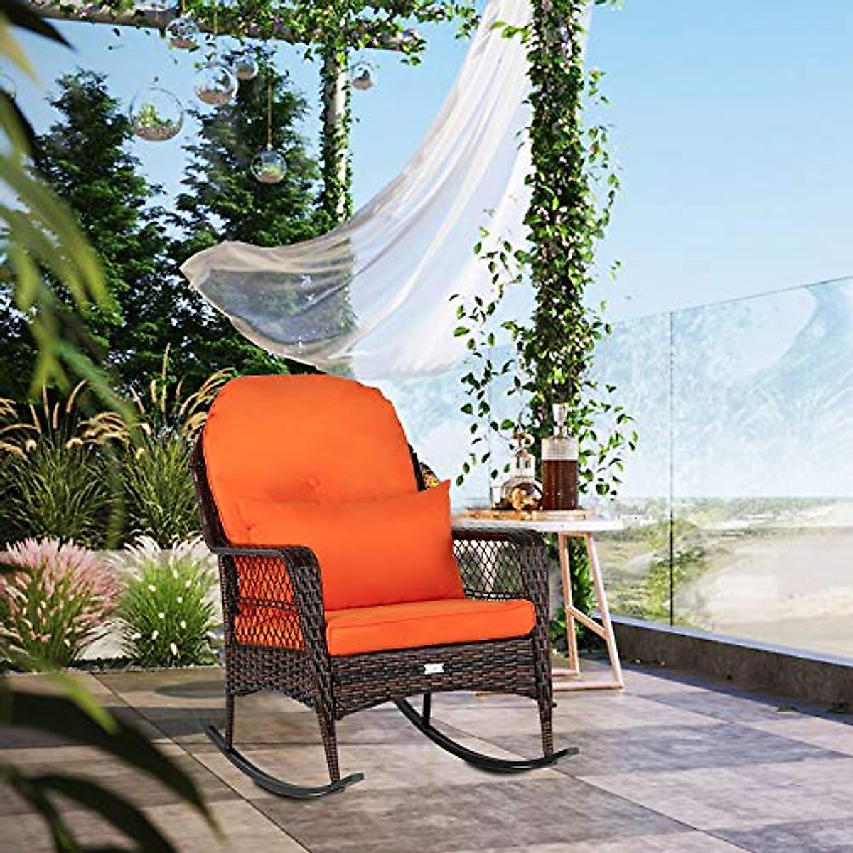 VINGLI Outdoor Wicker Rocking Chair with Cushions & Pillow, Rocker Chair Outdoor Porch Rocking Chair Wicker Chair, Rattan Rocking Chair for Garden, Porch, Backyard (1 Pack)