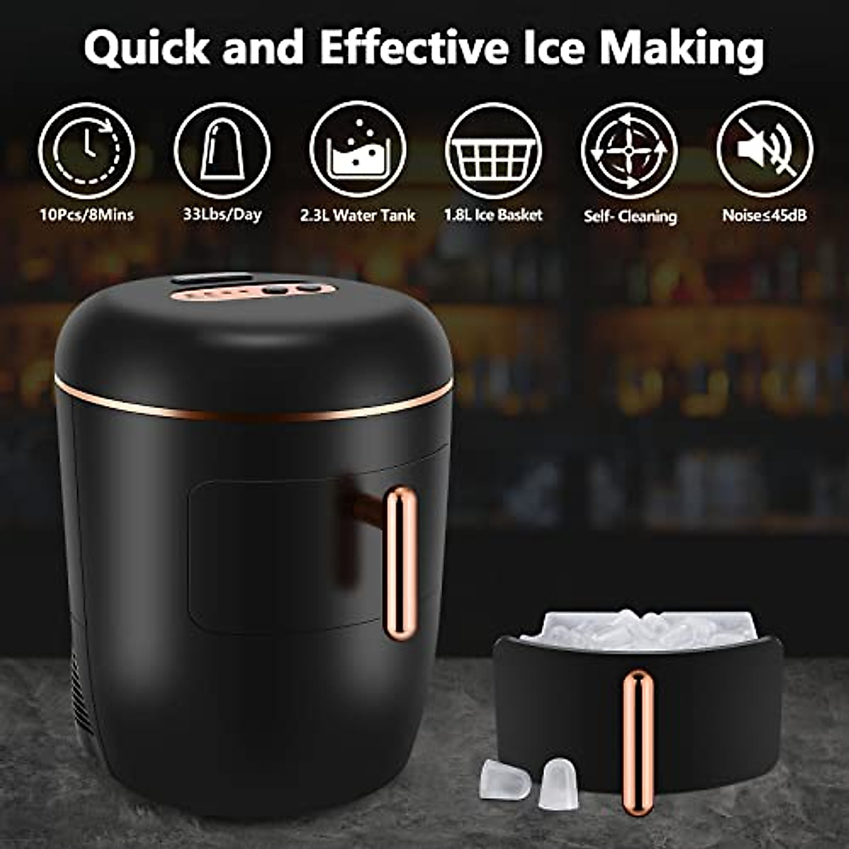 KUMIO Ice Maker Countertop, Retro Design Bullet Clear Ice 10pcs in 8Mins, 33Lbs/Day, 2.5Qt Water Reservoir & 2 Ice Size (S/L), Self-Cleaning Portable Ice Machine with Ice Basket and Scoops