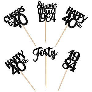 30PCS Black 40th Birthday Cupcake Toppers Glitter Forty Happy 40th Straight Outta 1984 Cupcake Picks for Cheers to 40 Years 40th Birthday Wedding Anniversary Party Decorations Supplies