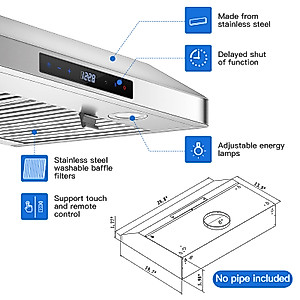 AMZCHEF Under Cabinet Range Hood 30 Inch, 700CFM Stainless Steel Kitchen Stove Vent Hood 3 Speed Exhaust Fan Touch/Remote Control LED lights Time Setting Dishwasher-Safe Baffle Filters