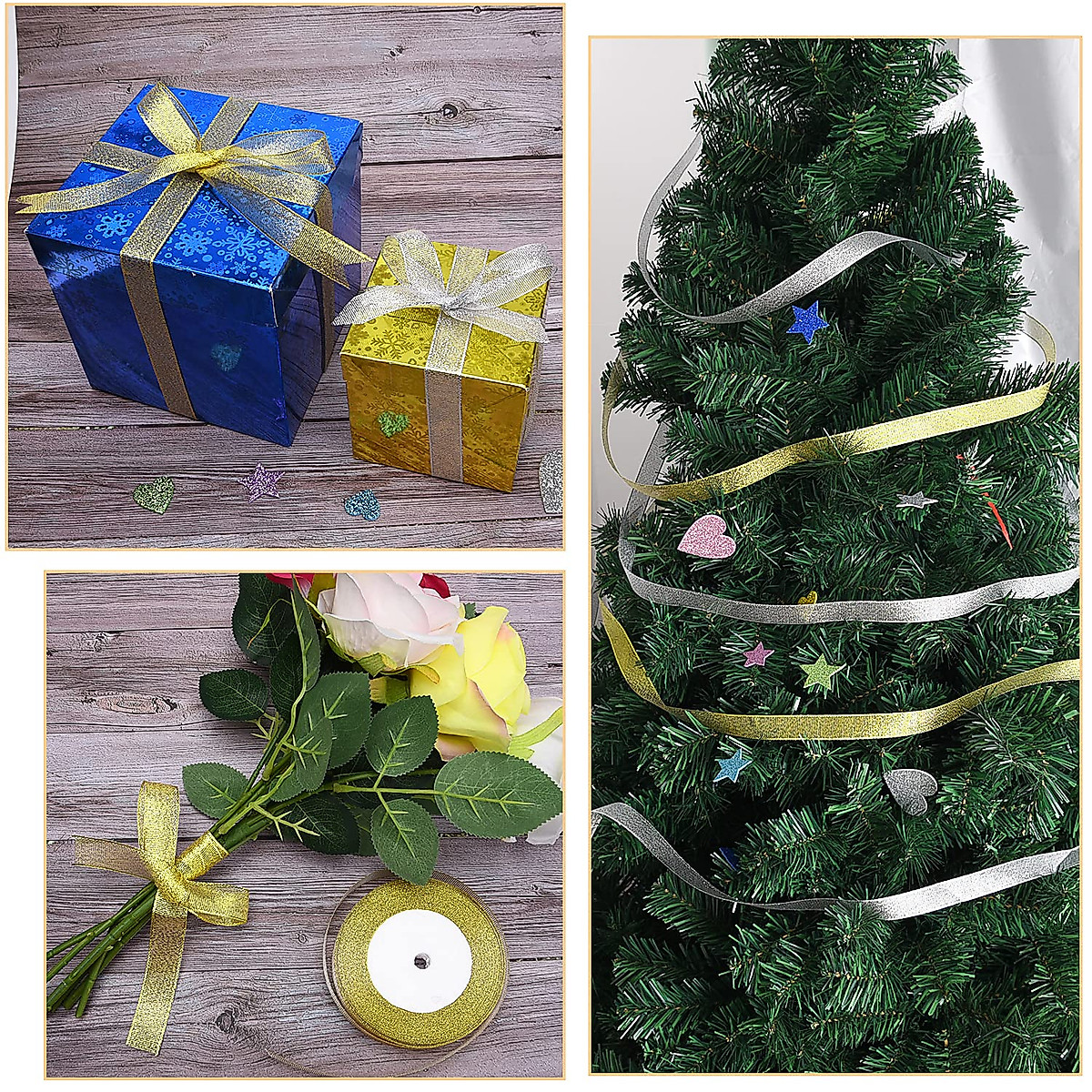 Livder 4 Rolls 4/5 Inch in Width Christmas Metallic Glitter Organza Ribbons Golden, Silvery, Red, Green Ribbon for Gift Wrapping, Christmas Tree Room Decoration