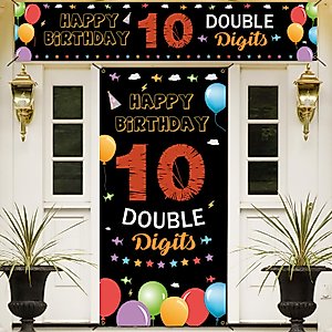 10th Birthday Banner Backdrop Decorations Kit, Happy 10th Birthday Decorations for Boys Girls, Double Digits 10 Year Old Birthday Party Door Yard Sign Photo Props for Outdoor Indoor, Fabric Vicycaty
