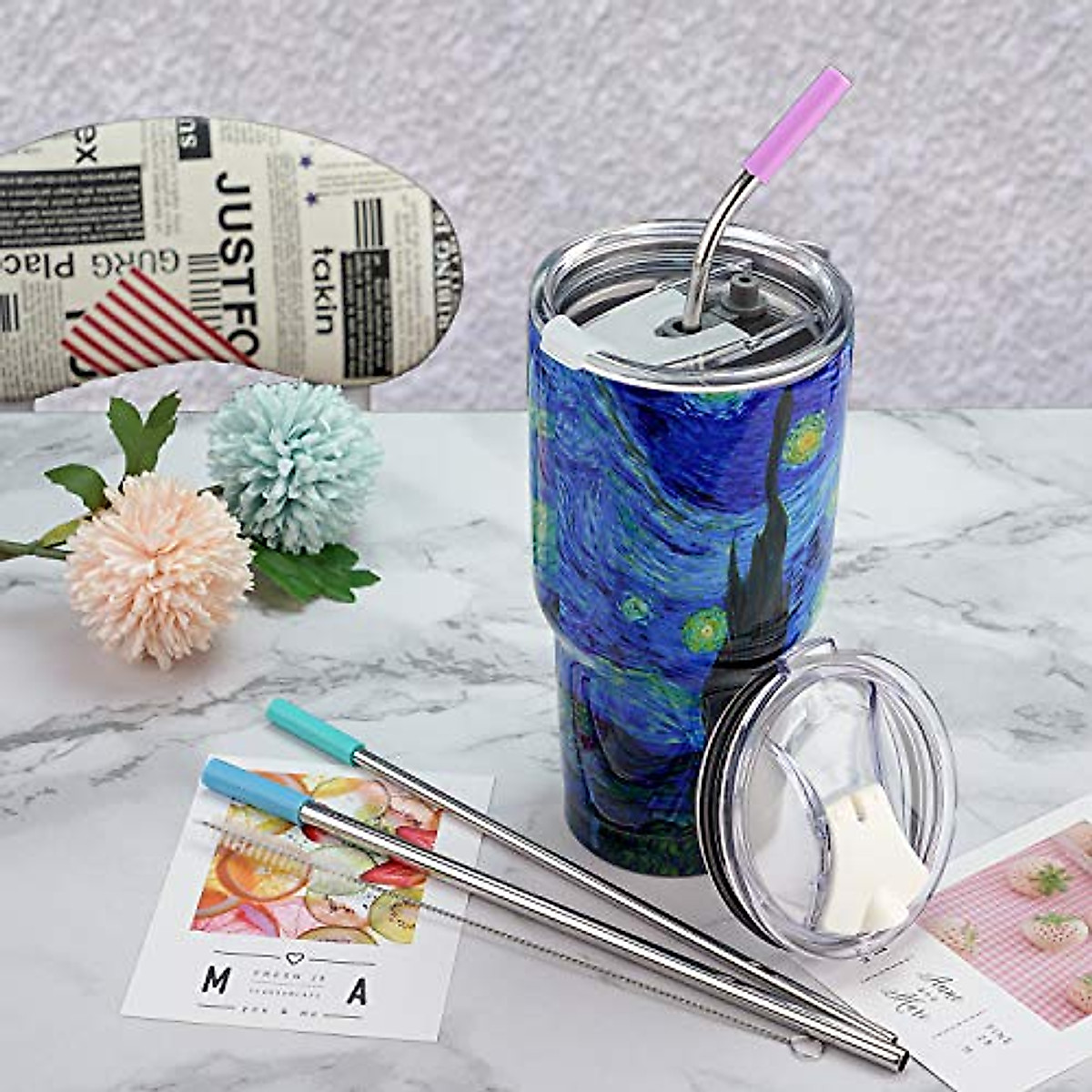 30 oz Tumbler with Lids and Straws,18/8 Stainless Steel Vacuum Insulated Coffee Tumbler,Insulated Travel Mug Water Cup with Leak-Proof Straw Lid & Flip Lid,3 Metal Straws,1 Cleaning Brush & Gift Box