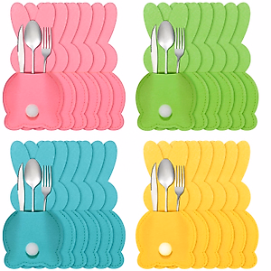 24 Pack Easter Bunny Utensil Cutlery Holders Pouch Bags Felt Silverware Holder Bag 5.9 x 3.15 Inch Utensil Sleeve for Knife Forks Easter Table Decoration Wedding Birthday Party, Pink Blue Green Yellow