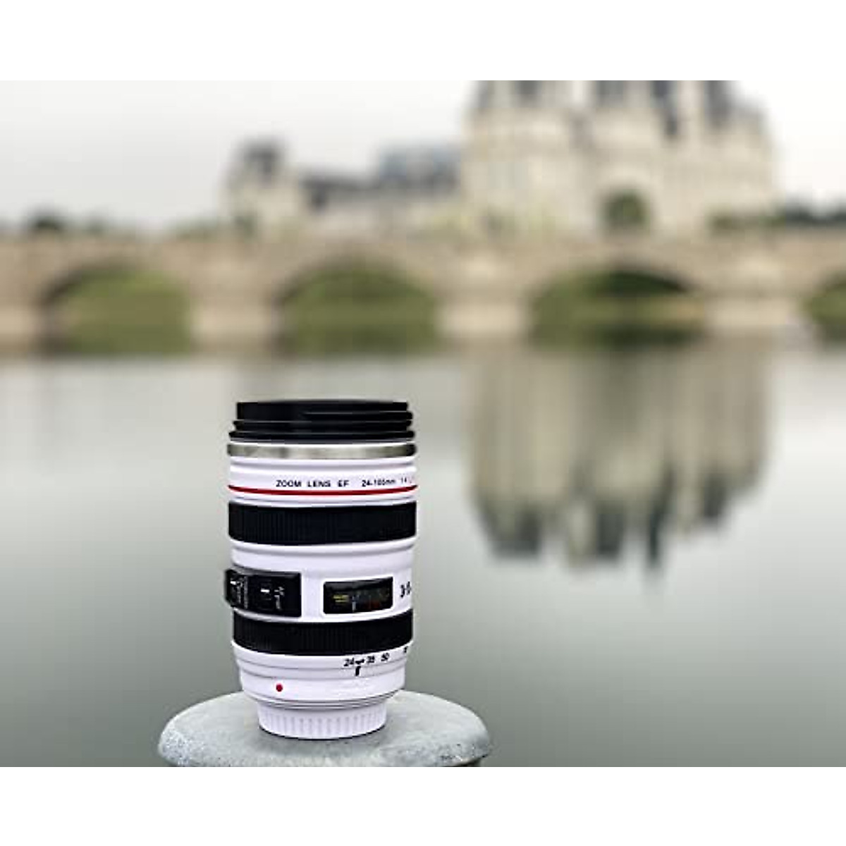 PhantAccy Camera Lens Coffee Mug / Cup Non-BPA Food Grade SUS-304 Stainless Steel Leakproof Travel Mug Tea Water Bottle with Lid and Spoon, 12 Ounce (White)