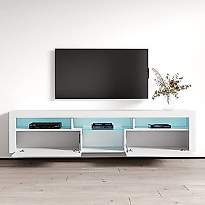 MEBLE FURNITURE & RUGS Bari 200 Wall Mounted Floating 79" TV Stand with 16 Color LEDs White