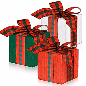 3 Pcs Christmas Table Centerpieces Christmas Rustic Wood Presents Faux Blocks Table Decor Tiered Tray Decor with Buffalo Plaid Bowknot Pine Cone Berries for Xmas Party Decoration (Classic Style)