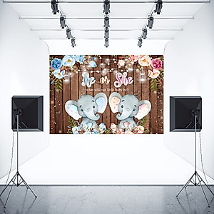 Aperturee 7x5ft Elephant Gender Reveal Backdrop He or She Pink or Blue Boy or Girl Floral Flower Rustic Wood Floor Baby Shower Photography Background Party Decorations Banner Photo Studio Props