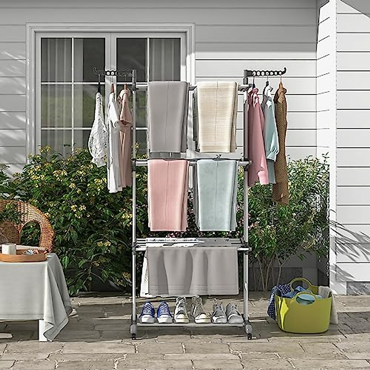 Tangkula 4-Tier Clothes Drying Rack, Collapsible Laundry Rack Stand with 2 Hanger Holders, 3 Tier Retractable Trays, 1 Bottom Shoe Rack, Movable Garment Drying Station with 4 Castors (Silver)