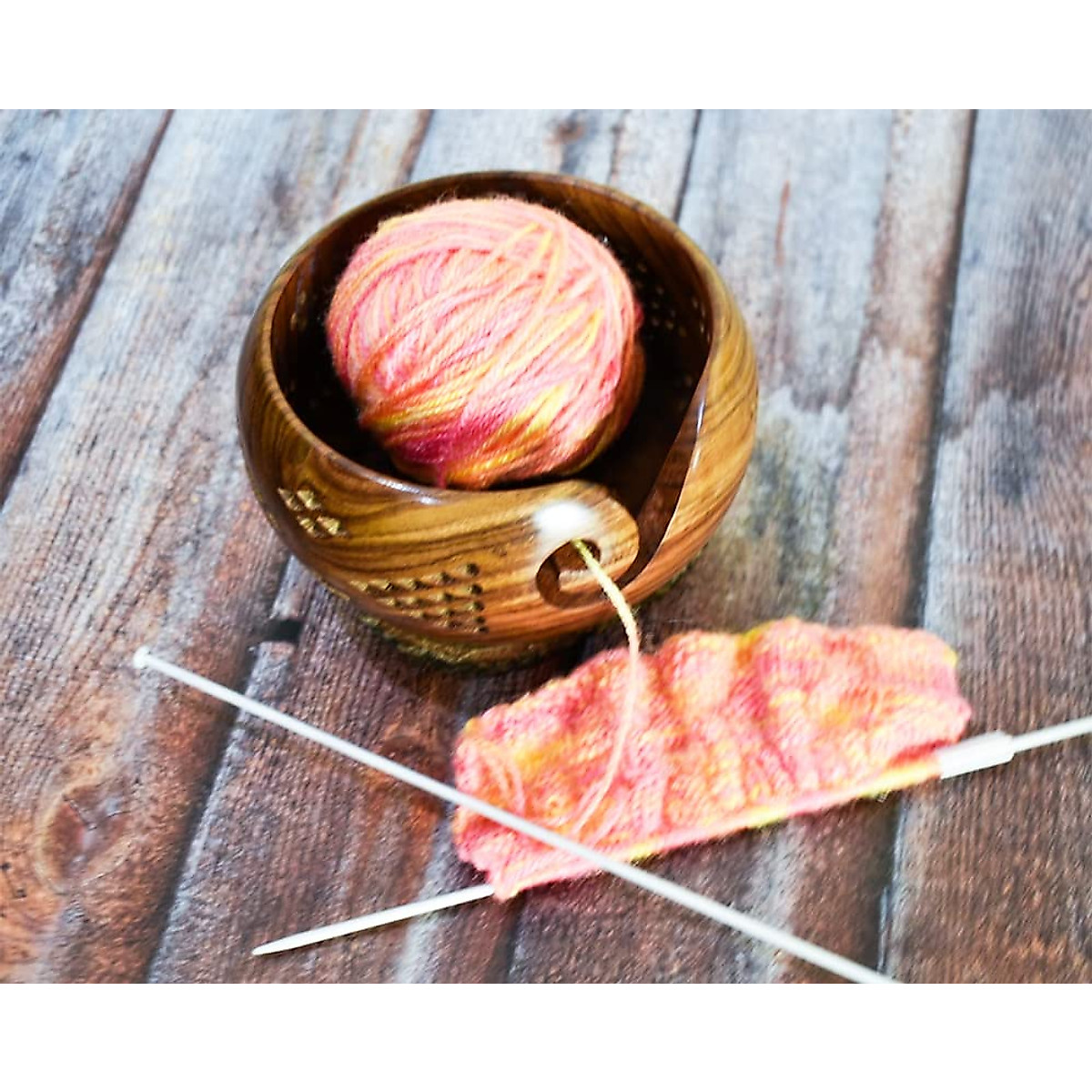 Ajuny Wooden Crafted large Yarn Ball Storage Bowl with Elegant Design Spiral Yarn Dispenser | Carved Holes | Knitting Crochet Accessories - Gift for ladies