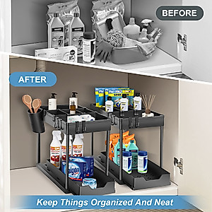2 Tier Under Sink Organizers and Storage, 2 Pack Taller Sturdy Under Cabinet Organizer with Sliding Out Drawers Basket, Hooks, Cups, Bathroom Under Sink Cabinet Organizer Kitchen Organizer and Storage