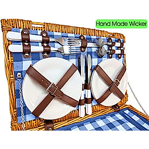 Nature Gear Upgraded 4 Person XL Picnic Basket (4 Person + Blanket, Blue & White)