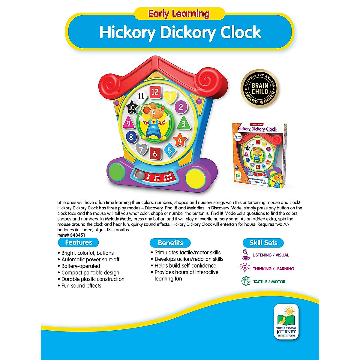 The Learning Journey: Early Learning Hickory Dickory Clock - Three Play Modes to Teach Colors, Numbers, & Shapes with Melodies - for Ages 18+ Months includes Music Player
