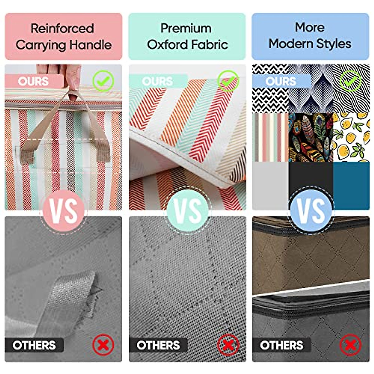 BALEINE 3PK SOFT Premium Oxford Closet Storage Bags for Comforters, Bedding and Clothes, Heavy-Duty Foldbale Clothing Storage Bag with Clear Window, Reinforced Handles & Sturdy Zippers (Large, Color Stripe)