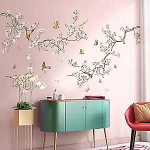 Green Leaf Branch Wall Decals White Flowers Wall Stickers DIY Removable Butterflies and Birds Wall Sticker Art Home Decoration for Kids Baby Girls Bedroom Classroom Offices Nursery TV Sofa Background (B)