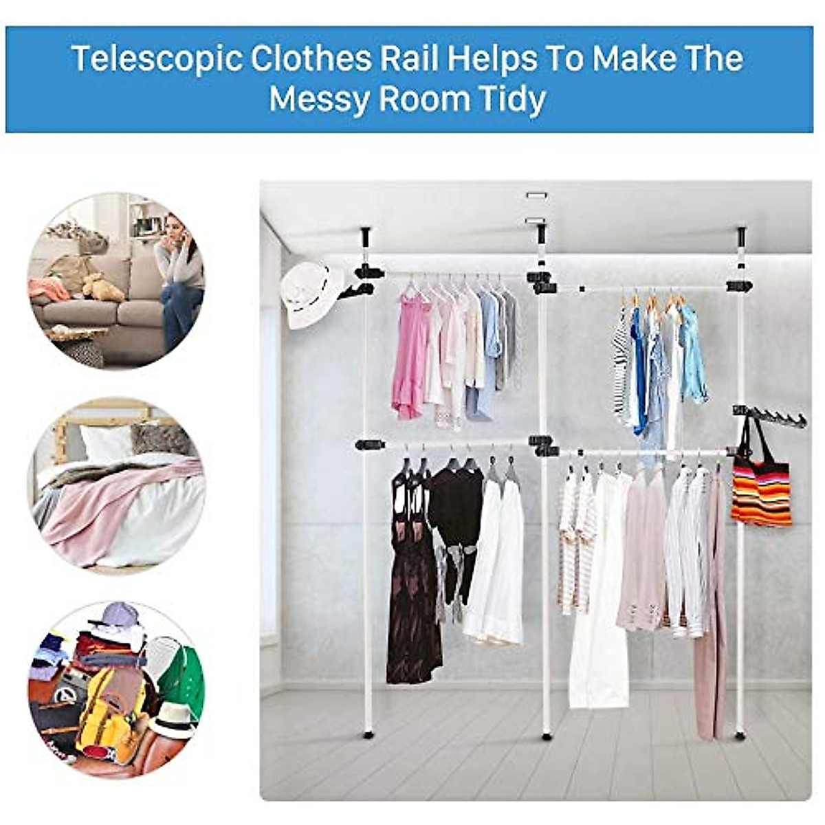 GOTOTOP Telescopic Garment Rack,Adjustable Clothing Rack, Double 2 Tier Heavy Duty Hang Clothes Rack,Closet Organizer, Freestanding Ceiling Hanging Closet Display Stand,No Drilling, No Tools Needed