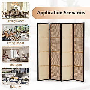 Leesinwing Wood Room Divider, 4 Panels Room Dividers and Folding Privacy Screens, Hand-Woven Rattan Room Divider Wall Freestanding Room Partitions Screen for Home Office Bedroom, Black