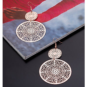 Filigree Disc Drop Earrings Double Round Disc Statement Earrings Metallic Brass Disc Dangle Hook Earrings