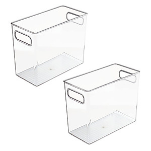 mDesign Slim Plastic Storage Container Bin with Handles - Bathroom Cabinet Organizer for Toiletries, Makeup, Shampoo, Conditioner, Face Scrubbers, Loofahs, Bath Salts - 5" Wide, 2 Pack - Clear