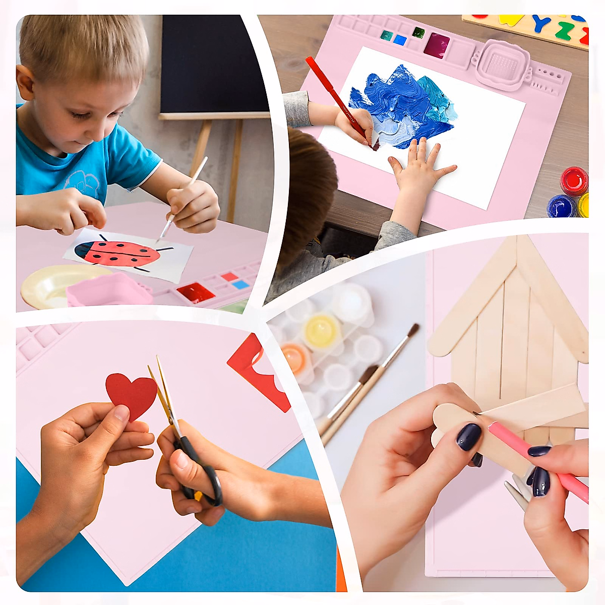 Aubeco Silicone Craft Mat with Built in Cleaning Cup and Paint Holder, Art Silicone Mat Large, 19.9"x16.9" Clay Mat, Nonslip Room Silicone mat for Painting, Table, Resin and Play, Pink